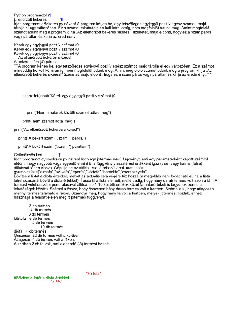 Ebekeres, Gyumolcsos, Sutemenyek Python Programozás Megoldás | PDF