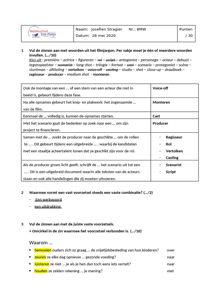 Toets Vaste Voorzetsels | PDF