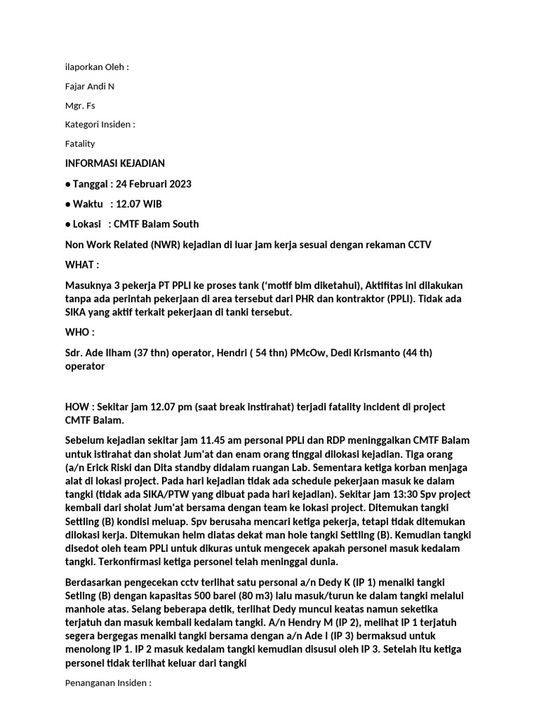 Fatal Di Limbah Tanki Balam PHR 24 Feb 2023 | PDF