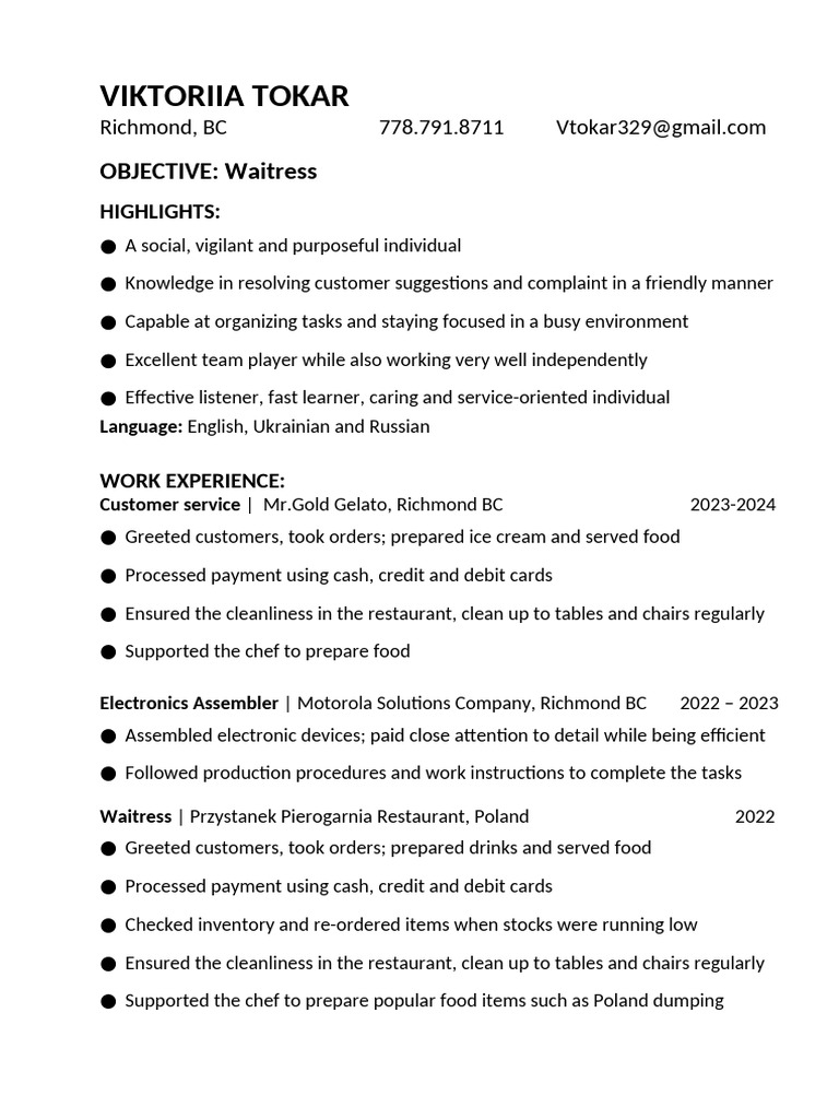Resume - SERVER - Viktoriia Tokar (1) (2) 2 | PDF