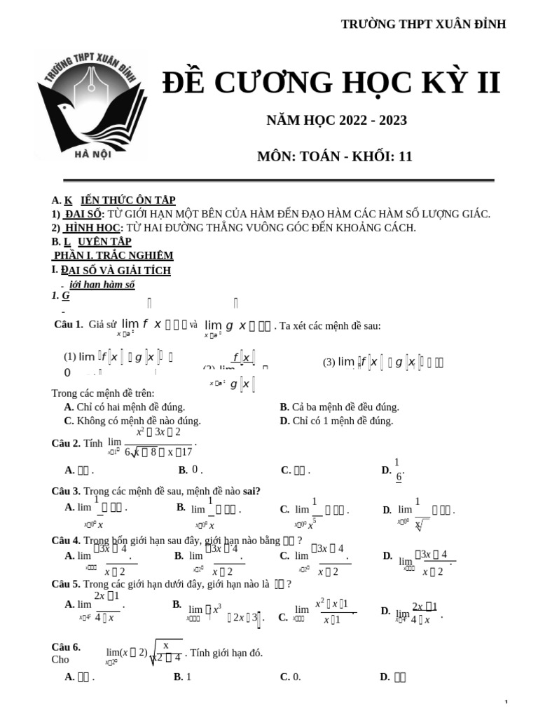 De Cuong Hoc Ky 2 Toan 11 Nam 2022 2023 Truong THPT Xuan Dinh Ha Noi | PDF