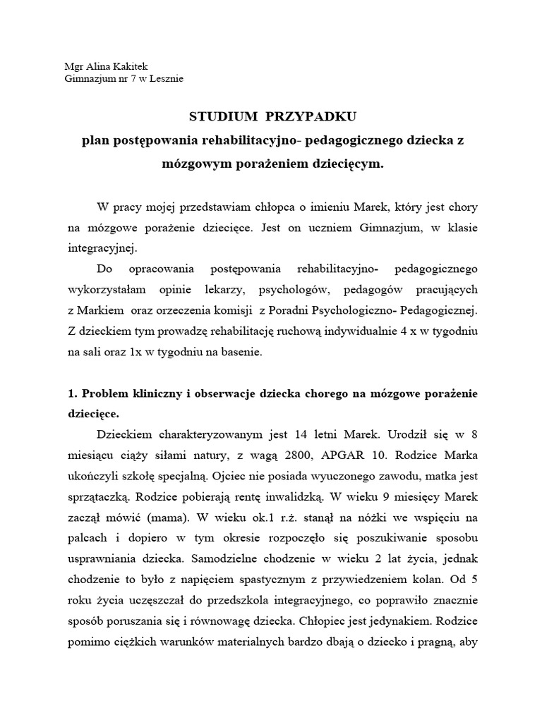 Studium Przypadku - Plan Post Powania Rehebilitacyjno-Pedag | PDF