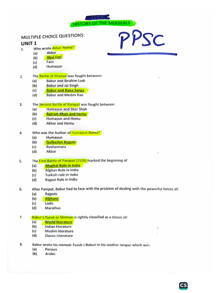 Mughal History MCQS | PDF