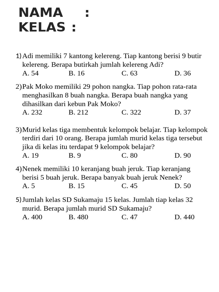 SOAL PERKALIAN MTK KLS 3 | PDF
