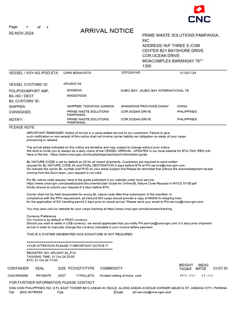 NOA_-_CNCAPLC_-_Notice_of_Arrival_-_CAPE_BONAVISTA__-_2CP2UN1NC ...