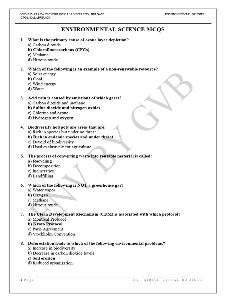 Environmental Science MCQs for Students | PDF | Climate Change ...
