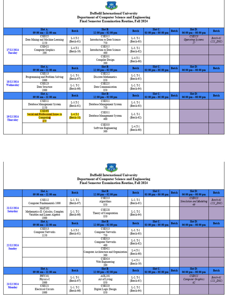 Cse Final Exam Routine Final Fall 2024edited Pdf Computer Science Data Science