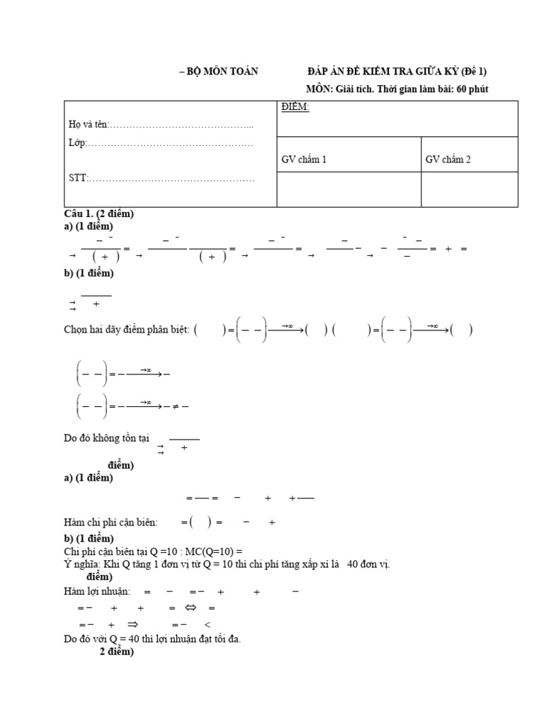 Đáp án đề GKy Giải tích KHMT | PDF