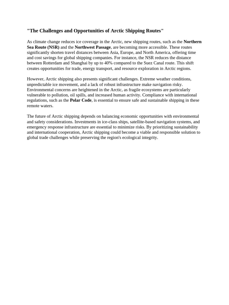 The Challenges and Opportunities of Arctic Shipping Routes | PDF