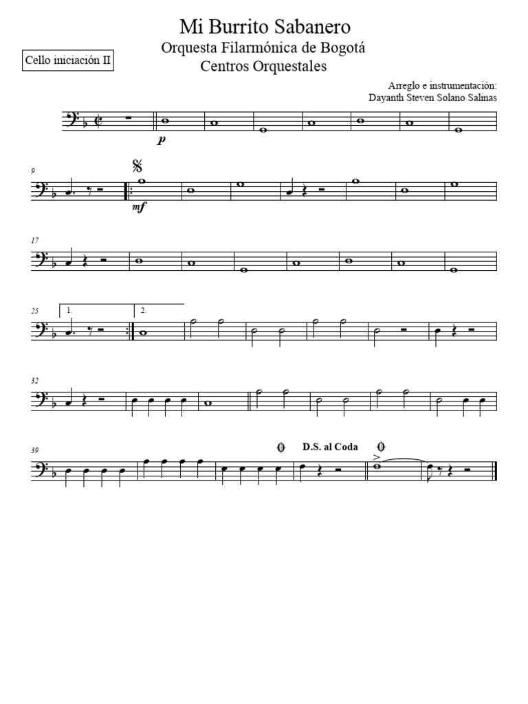 Mi Burrito Sabanero OFB Cello Iniciacion II | PDF