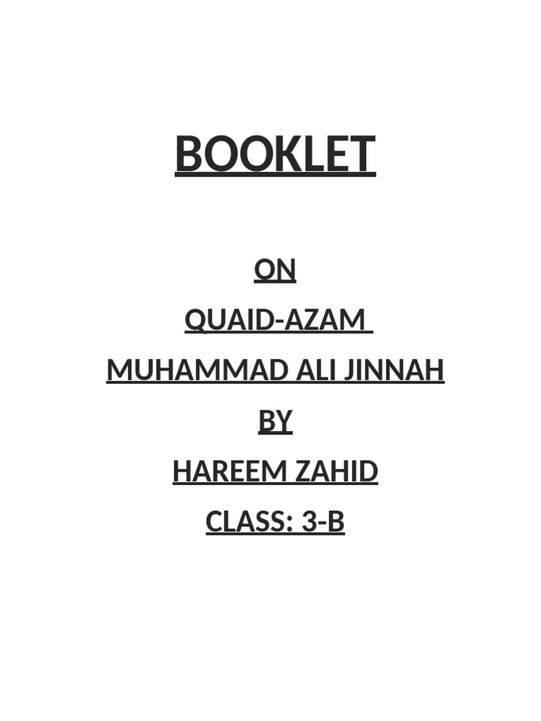 Booklet On Quaid-E Azam | PDF | Government Of Pakistan | Politics Of Pakistan