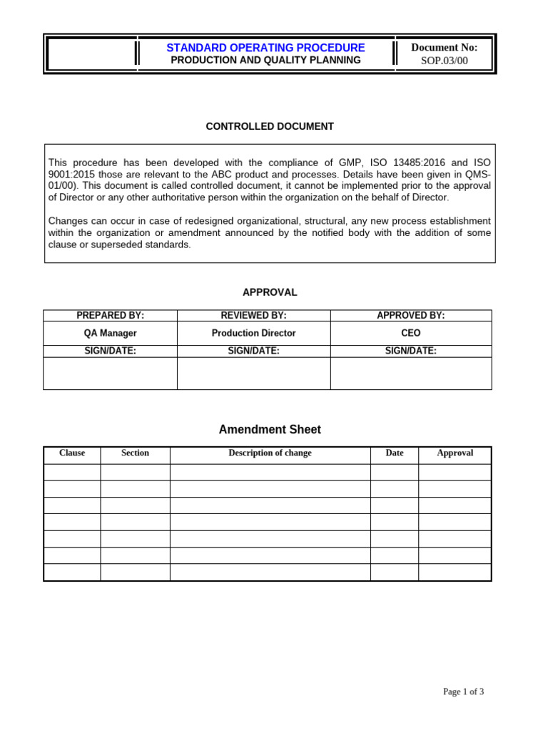 Procedure For PRODUCTION AND QUALITY PLANNING | PDF | Quality Management System