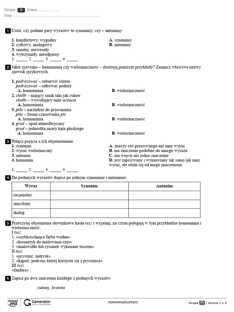 Synonimy, Antonimy, Wyrazy Wieloznaczne I Homonimy Test (Bez Widocznej ...