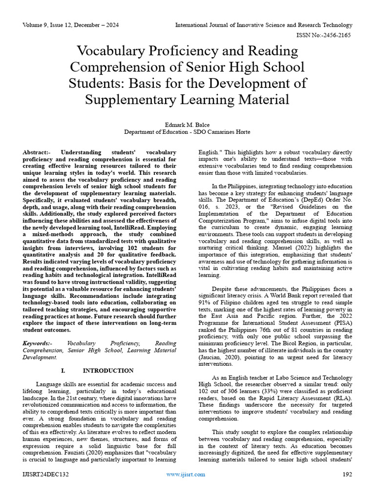 Vocabulary and Reading Skills in High School | PDF | Reading ...