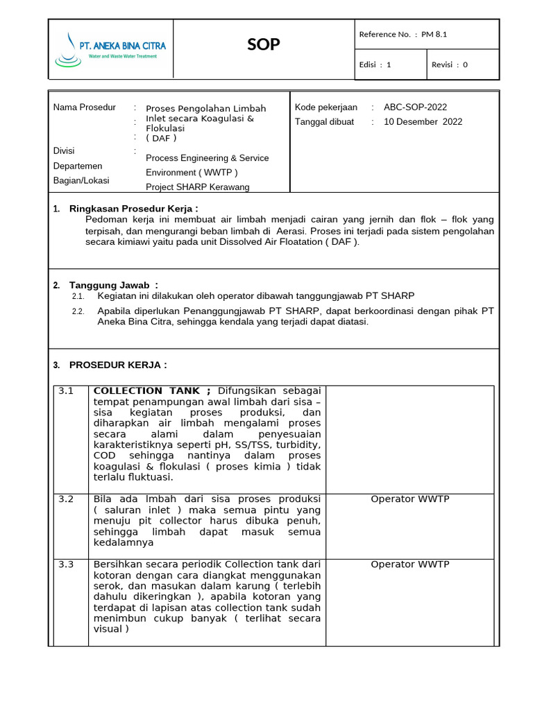 SOP Pengolahan Limbah DAF | PDF