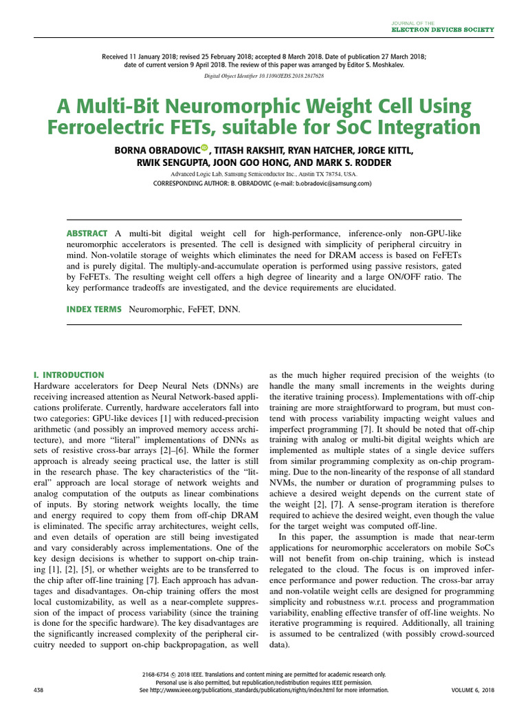 A Multi-Bit Neuromorphic Weight Cell Using Ferroelectric FETs Suitable ...