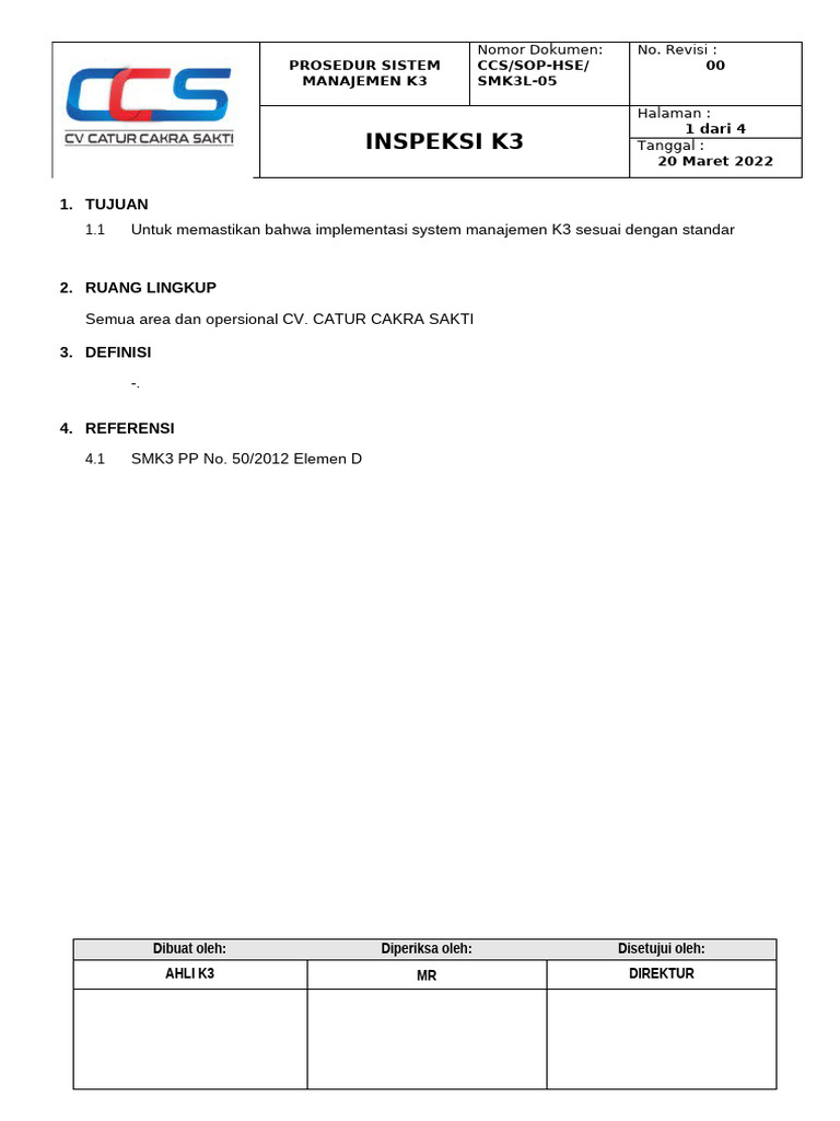 5 SOP 05 SOP Inspeksi K3 CV CCS | PDF
