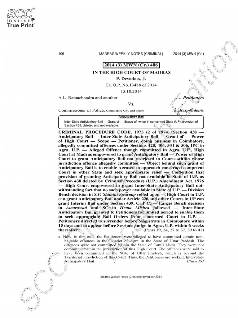 A.L. Ramachandra vs. Comm. of Police (2014 Madras H.C.) (Transit ...