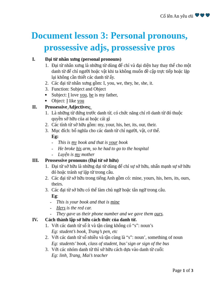 Personal Pronouns and Possessives Guide | PDF | Syntax | Linguistic ...