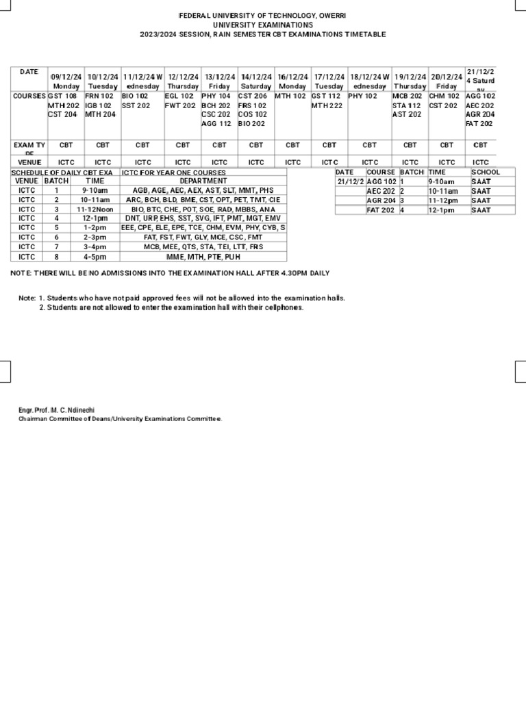 MODIFIED 2023-2024 Rain Semester CBT Exam Timetable-1 - Phoenix | PDF