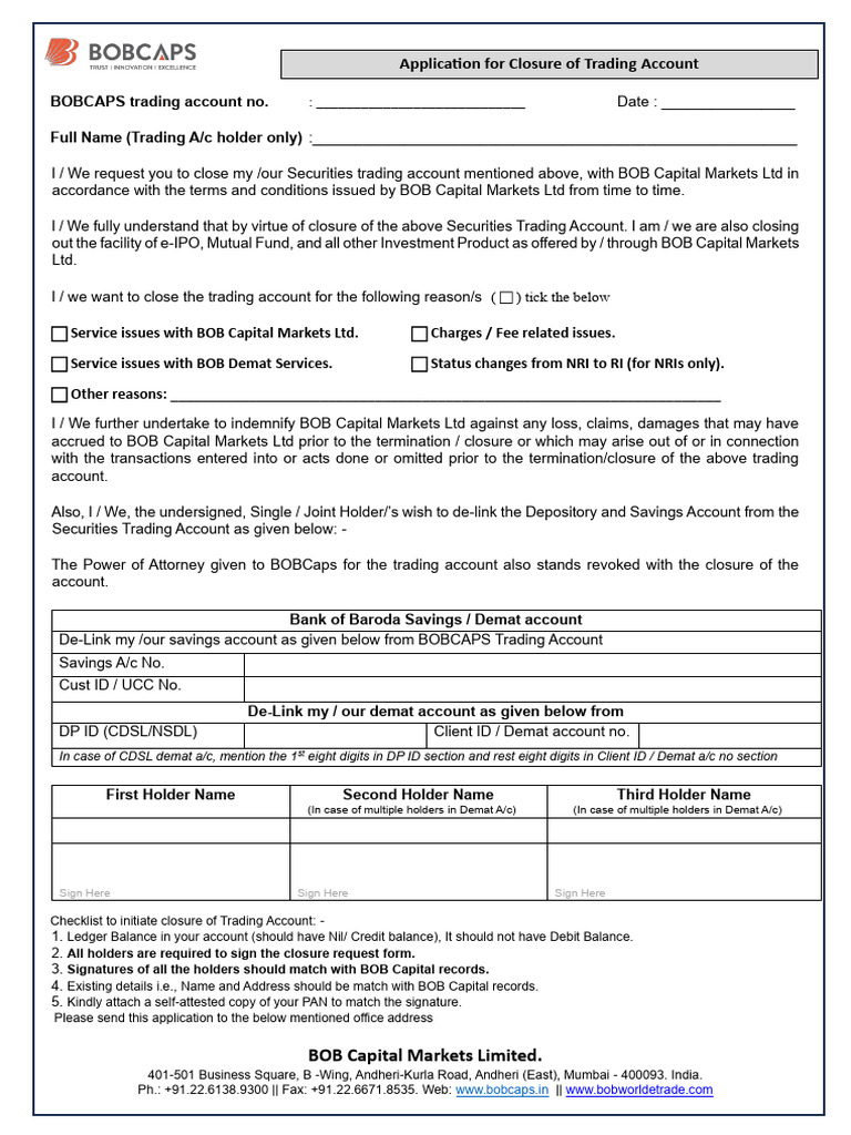 BOB Capital Markets Account Closure Form | PDF | Debits And Credits ...