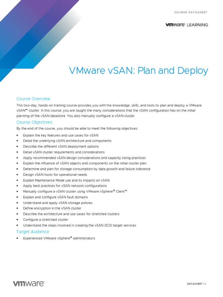 Edu_datasheet Vmware Vsan Plan and Deploy v7.0 | PDF | Computing | Information Technology Management
