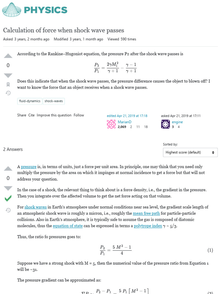 Fluid Dynamics - Calculation of Force When Shock Wave Passes | PDF ...