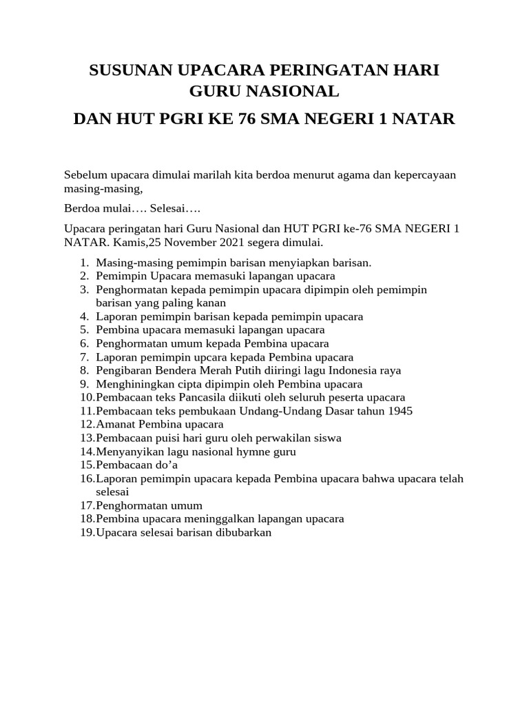 Susunan Upacara Peringatan Hari Guru Nasional | PDF