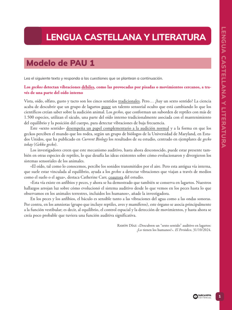 Pau Lengua Castellana y Literatura Model Examen Catalunya | PDF | Oído ...