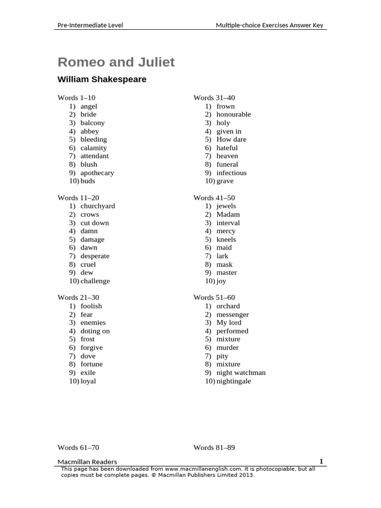 Romeo and Juliet Wordlist Answer Key | PDF