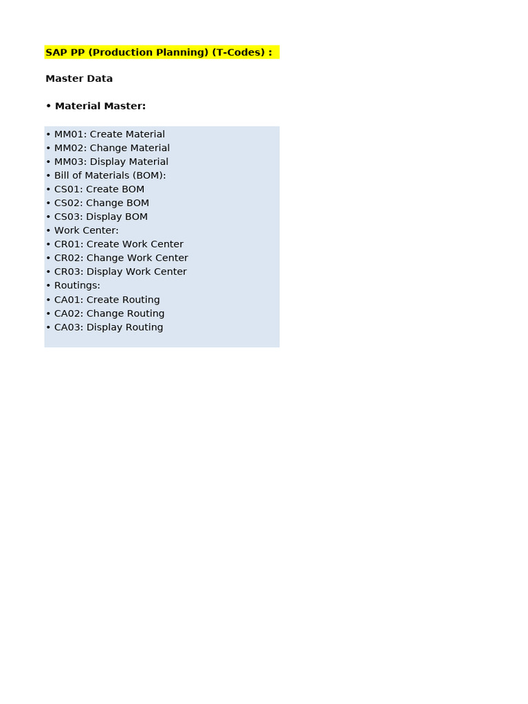 SAP PP T-Codes for Production Planning | PDF