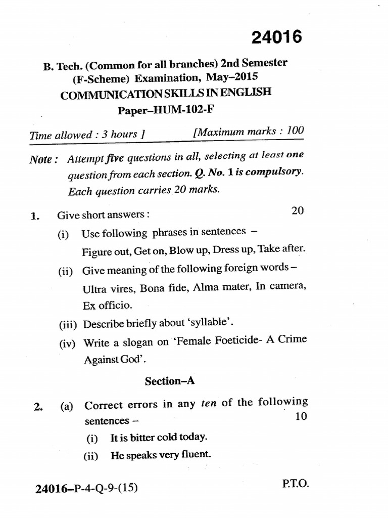 MDU Btech Common 2nd-Sem 2015 Communication-Skills-English | PDF