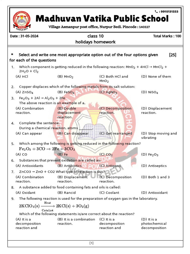Holiday | PDF | Chemical Reactions | Redox