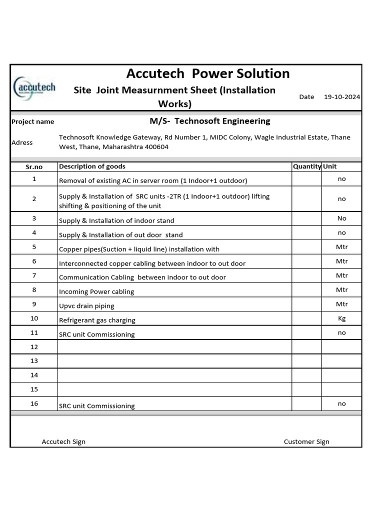 Joint Measurement Sheet for AC Installation | PDF