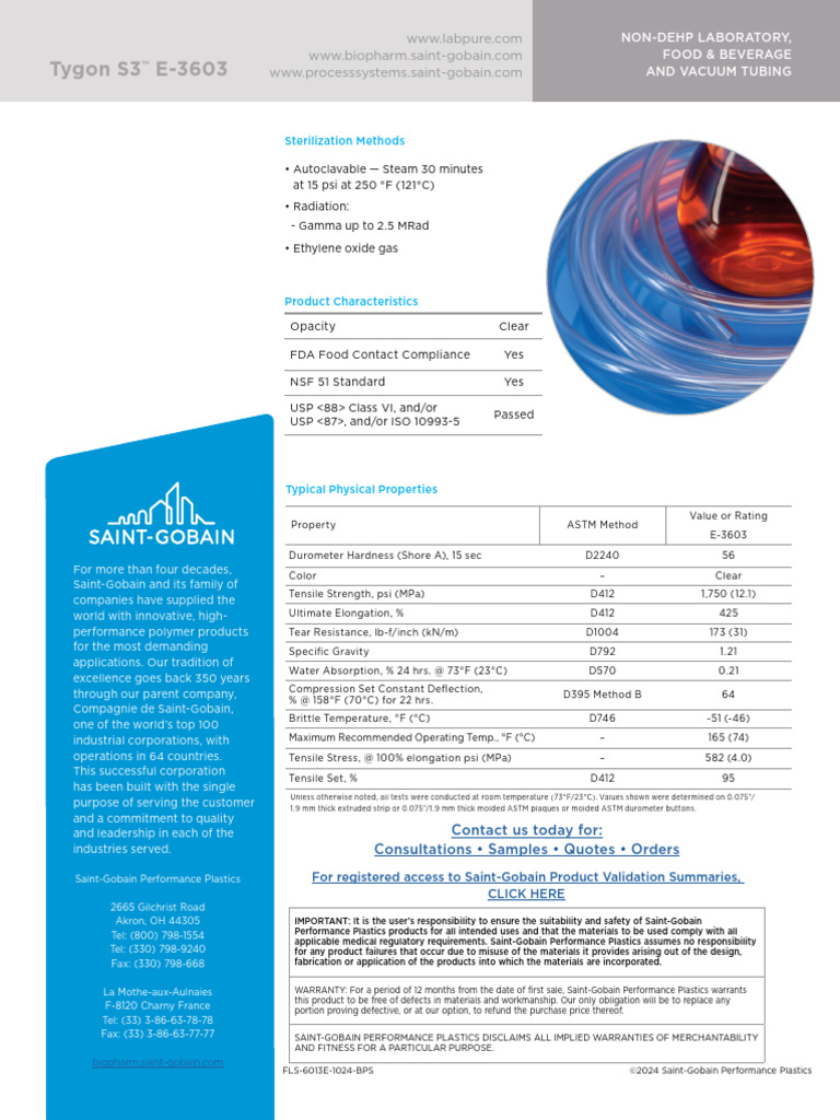 TYGON E-3603-brochure | PDF | Sterilization (Microbiology) | Physical ...