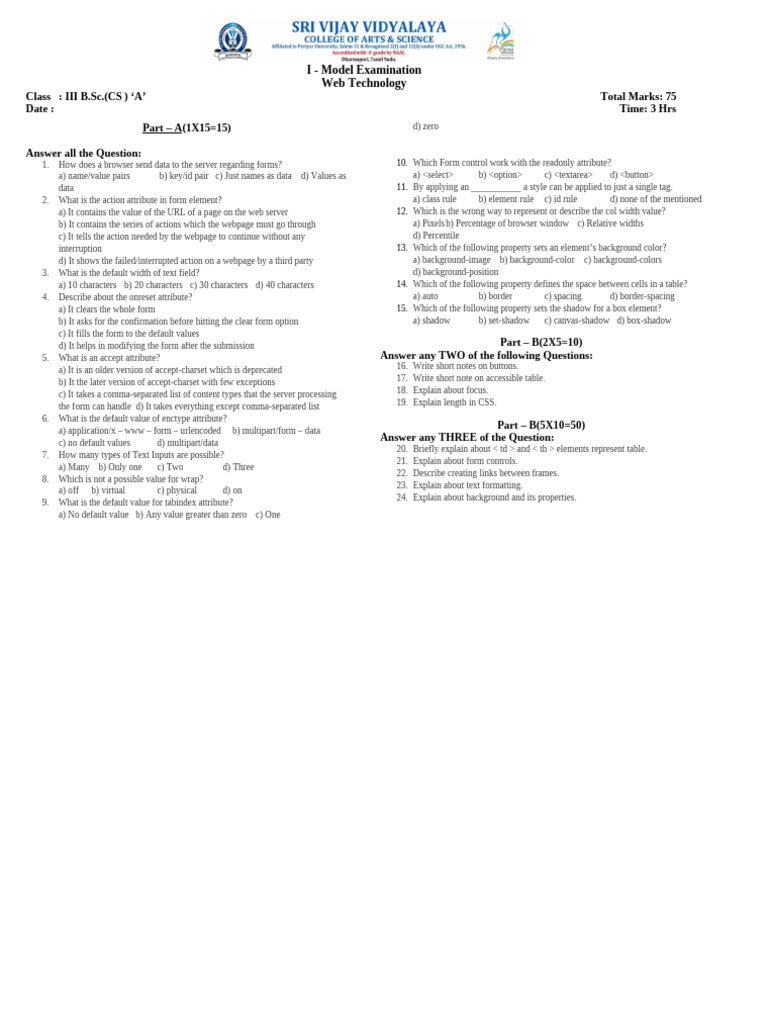 III CS A WT QP - 1st Model ODD Sem 2023 | PDF