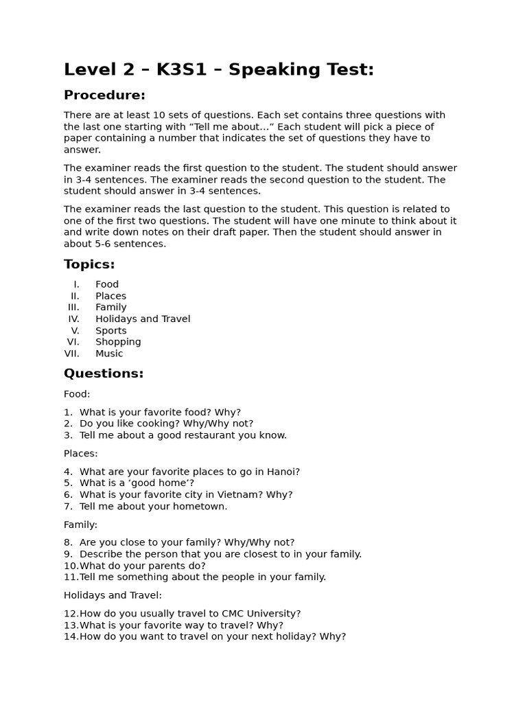 Level 2 - K3S1 - Speaking Procedure, Topics and Questions | PDF