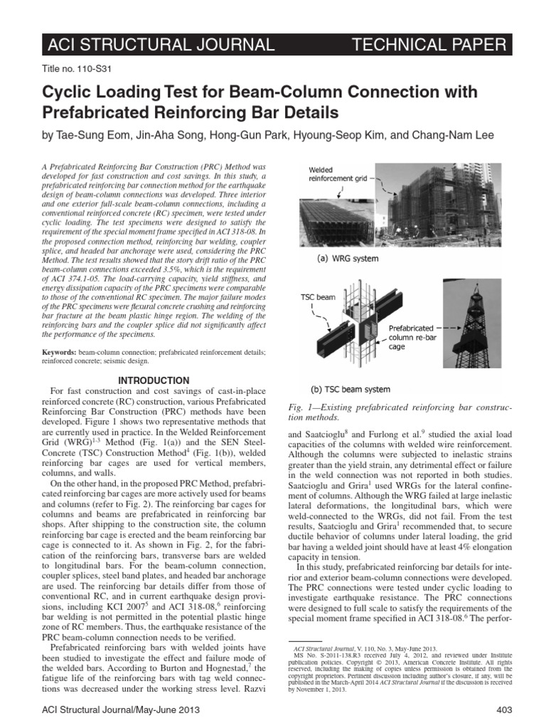 Cyclic Loading Test For Beam-Column Connection With Prefabricated ...