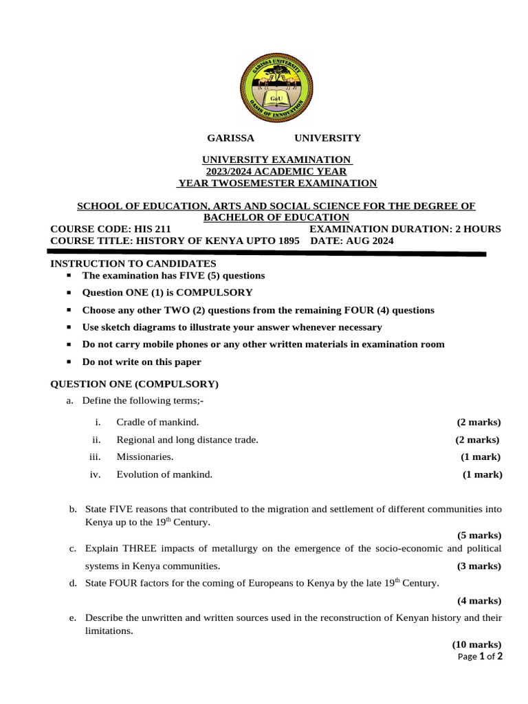 History of Kenya Exam - HIS 211 | PDF | Kenya