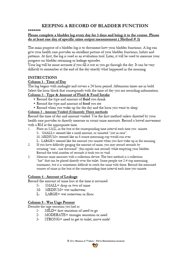 Bladder Diary Instructions | PDF | Urination | Urinary Incontinence