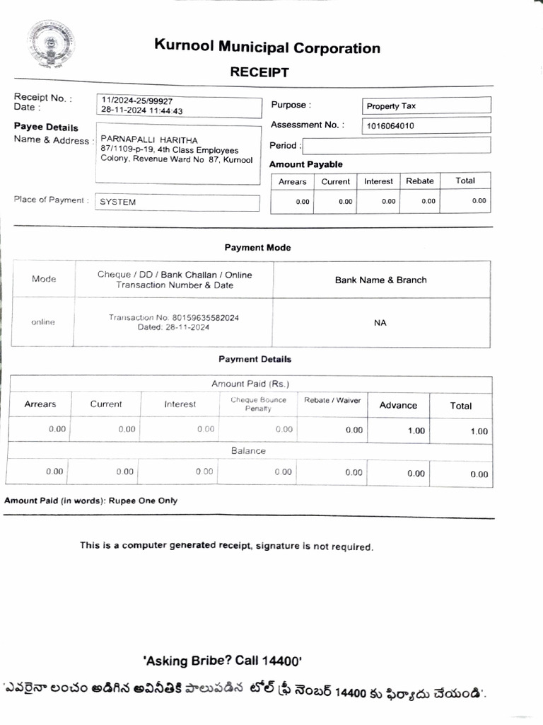 Kurnool Property Tax Payment Receipt | PDF