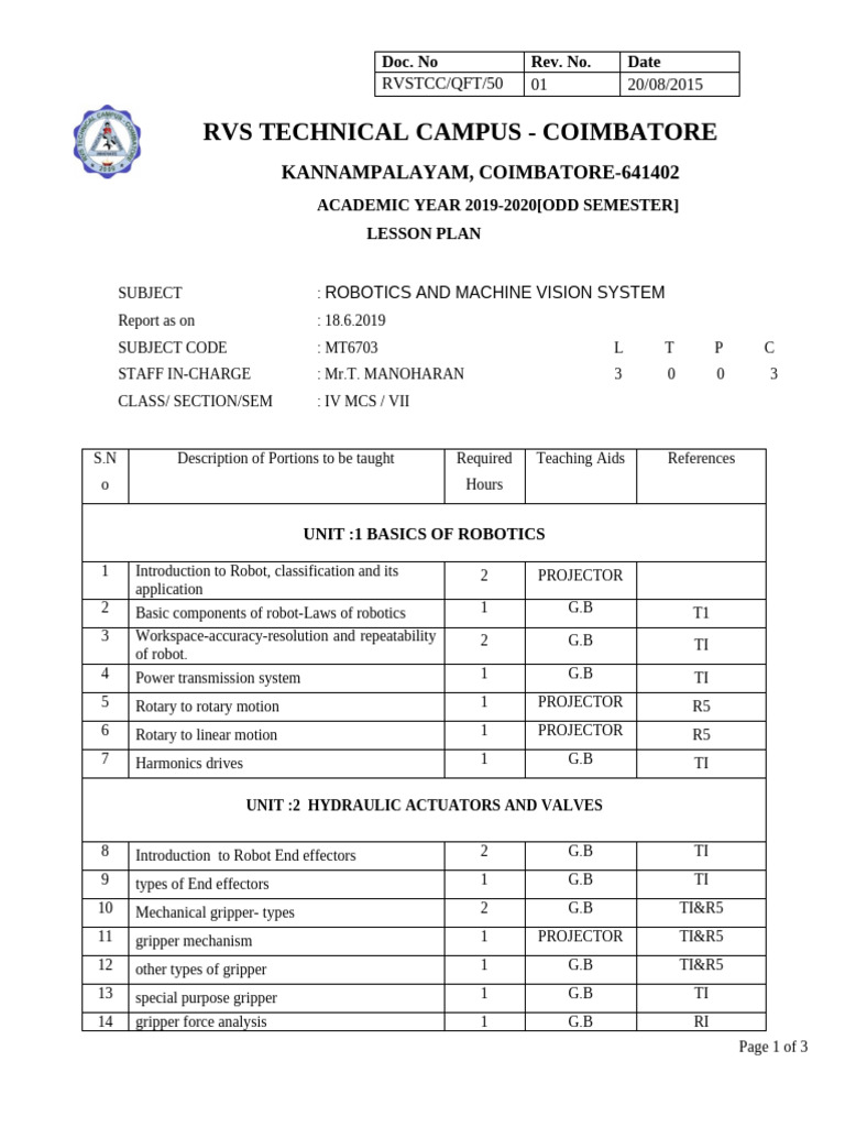 ROBOTICS LESSON PLAN | PDF | Mechanical Engineering | Mechanics