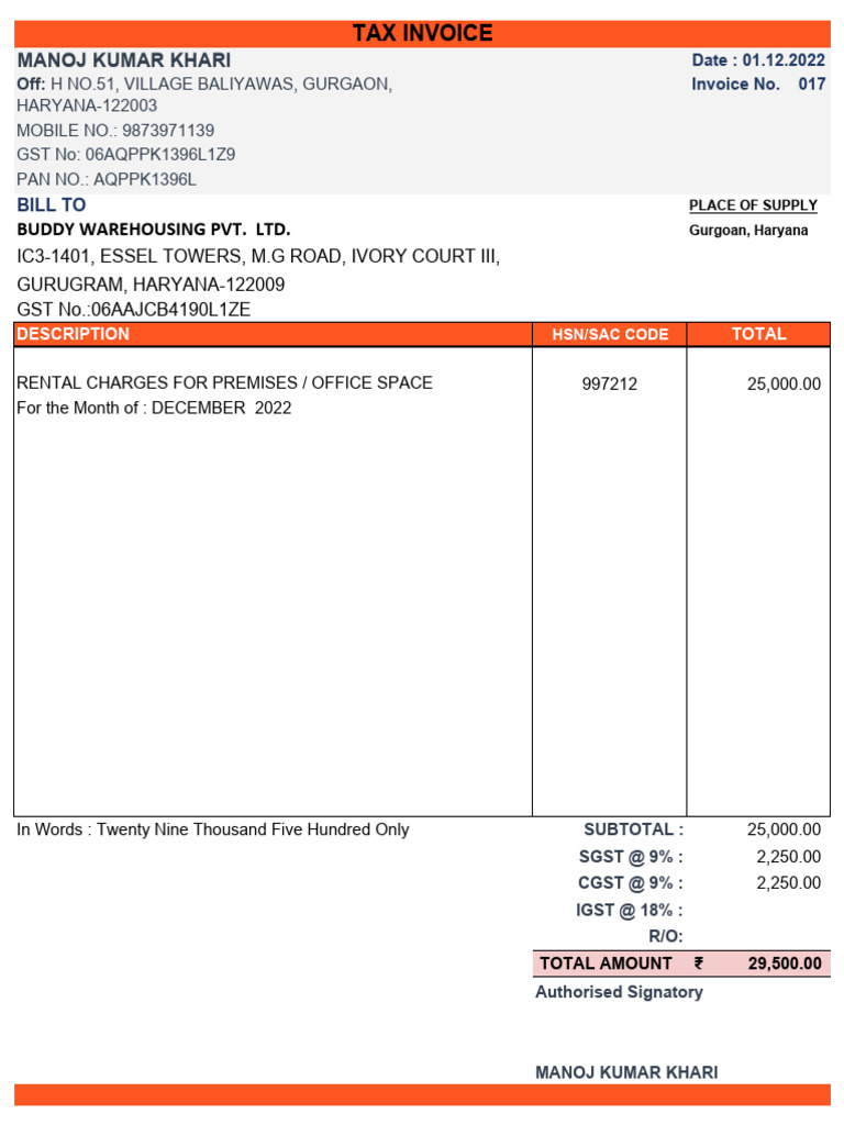 Manoj Khari HR Invoices 17 Buddy | PDF