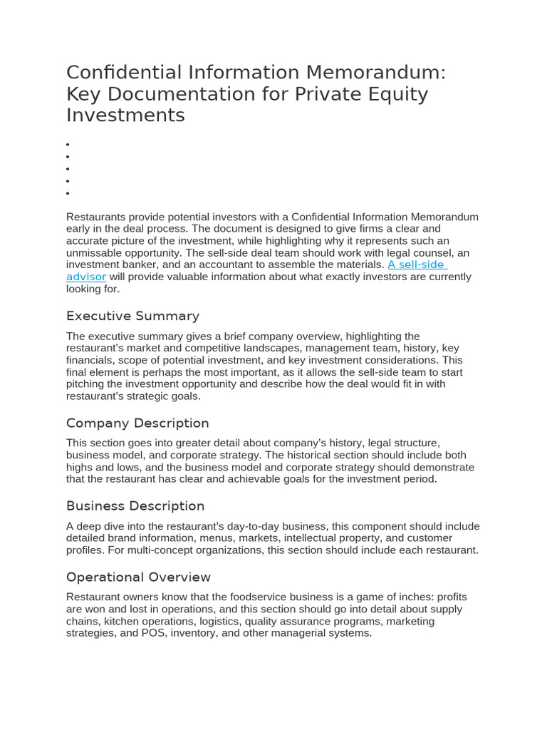 Confidential Information Memorandum | PDF | Investing | Employment