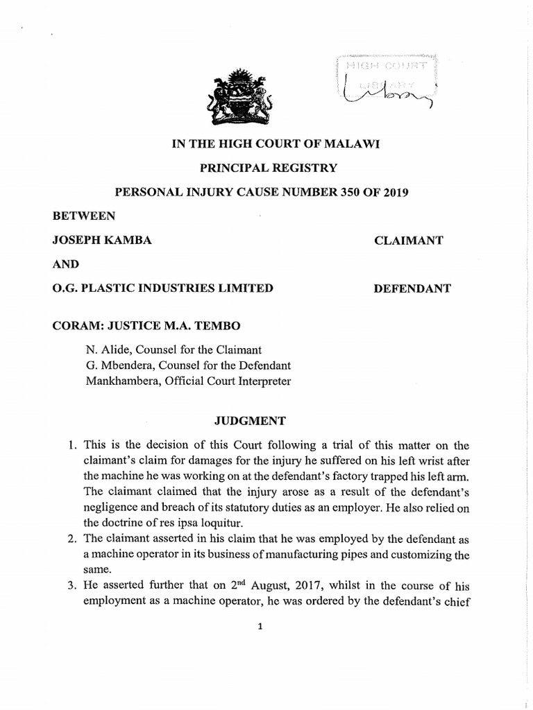 Joseph Kamba V OG Plastic Industries Limited (Personal Injury Cause 350 ...
