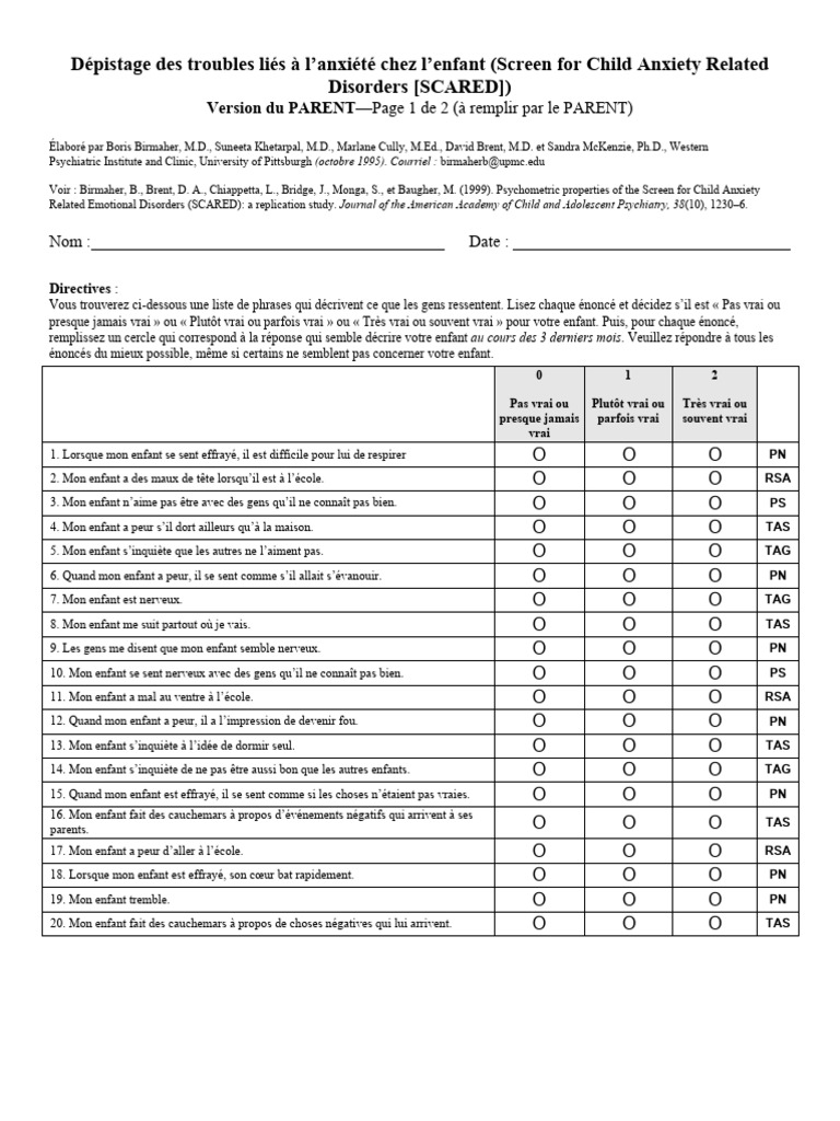 Questionnaire SCARED pour l'anxiété enfant | PDF | Trouble anxieux | Peur