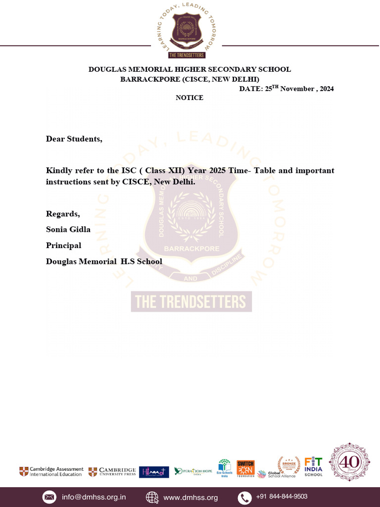 Isc Timetable With Instructions | PDF