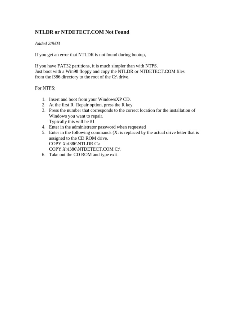 NTLDR or NTDETECT Pri Bootovanju | PDF