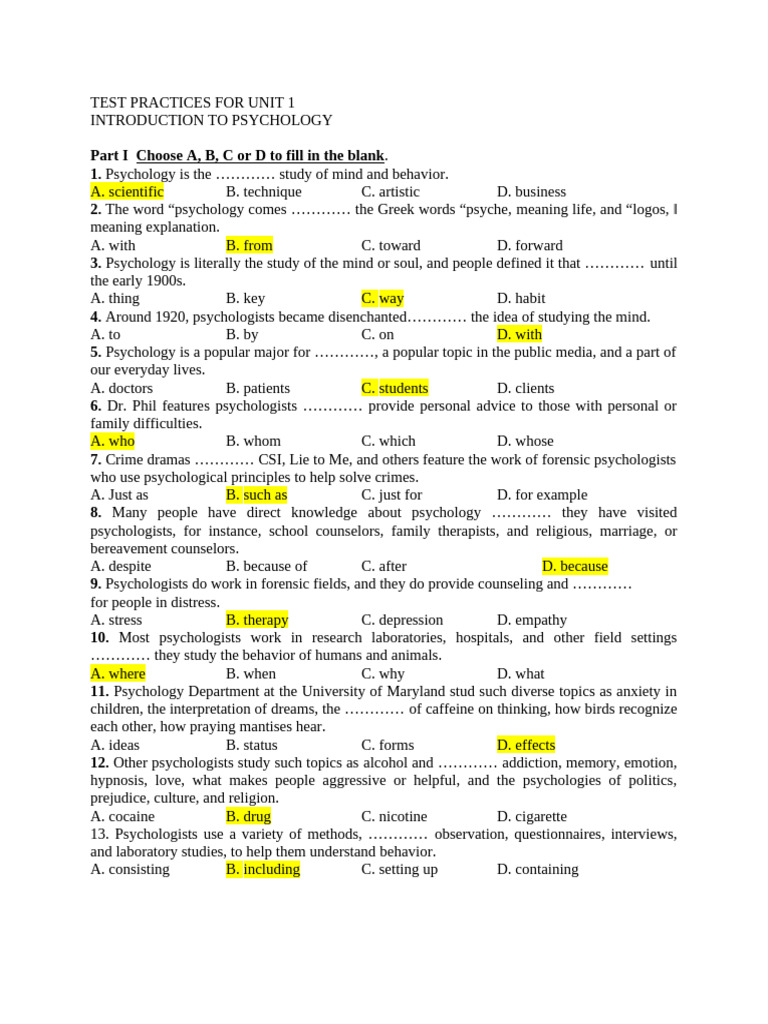 Answer Test Practices For Unit 1 | PDF | Psychology | Mind