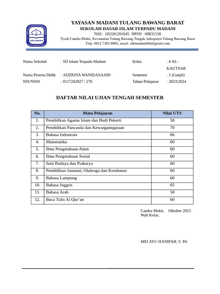 Form Rapor Uts 2023 | PDF